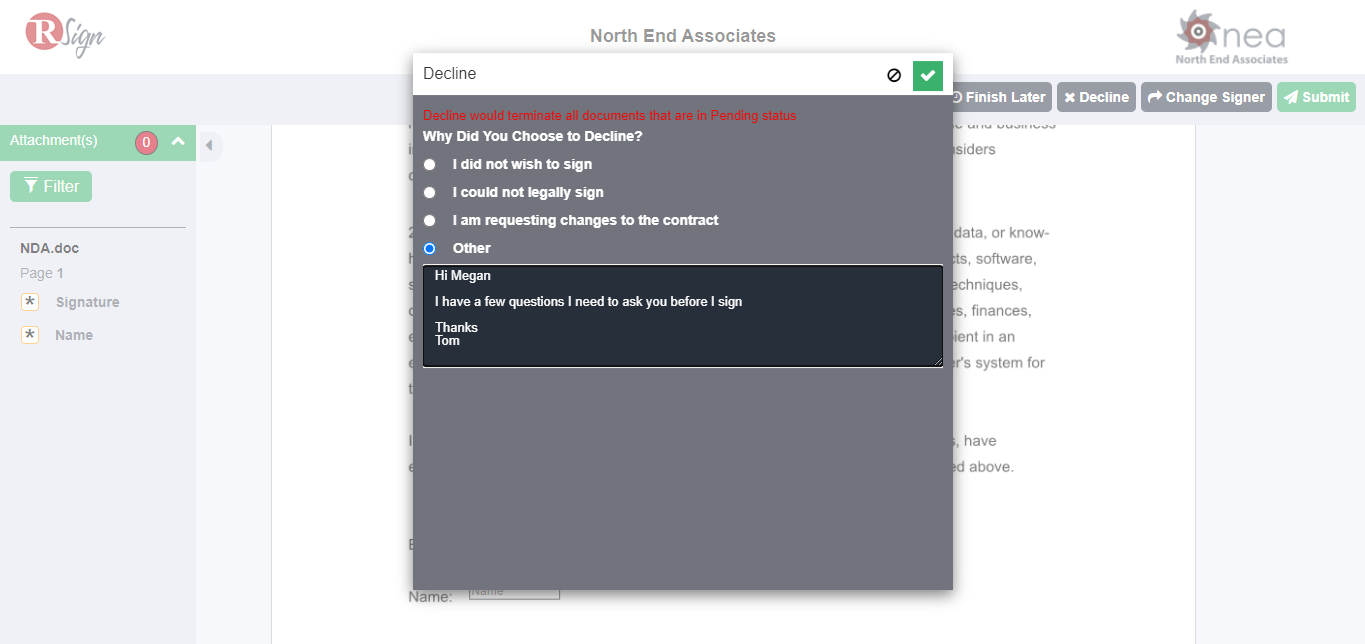 Declining to sign – Customer Support